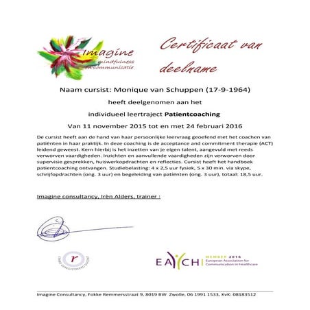 Certificaat van deelname leertraject Monique v Schuppen nov 2015 - febr 2016 | DOC