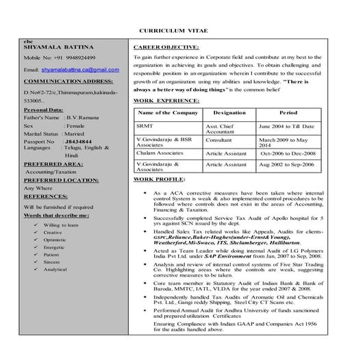 Resume of shyamala kkd ACA | DOCX