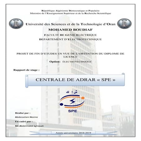 Rapport de stage de découverte effectué à La Société Algérienne de Distribution de l’Electricité ...