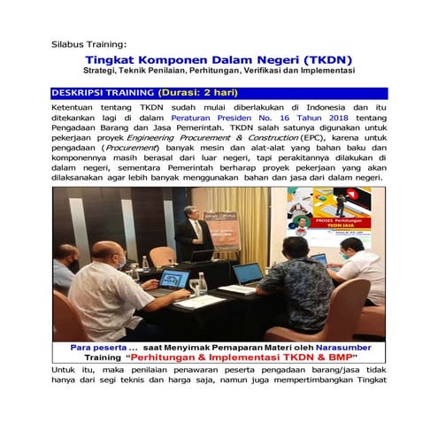 Silabus Training "Tingkat Komponen Dalam Negeri (TKDN) + BMP" | PDF