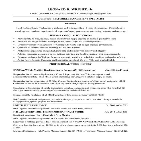 Leonard Wright - Resume 2016 - - Copy2 | DOCX