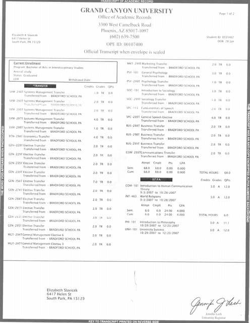 Arizona State University Offical Transcript
