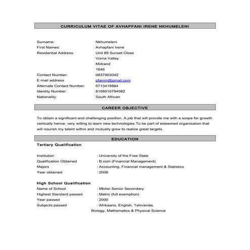 Avhapfani Irene Nkhumeleni C.V. | DOC