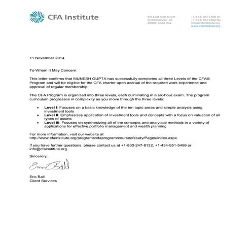 Munesh-Gupta-CFA Institute Letter | PDF