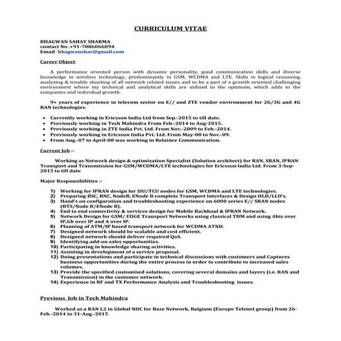 Resume for Telecom 6+ years Exp | DOC