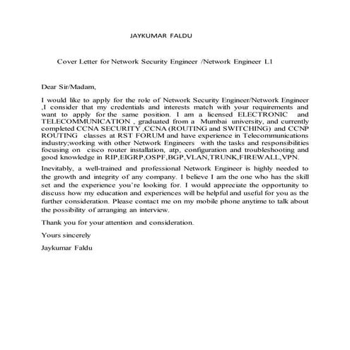 JAY Cover Letter for Network Engineer | DOCX