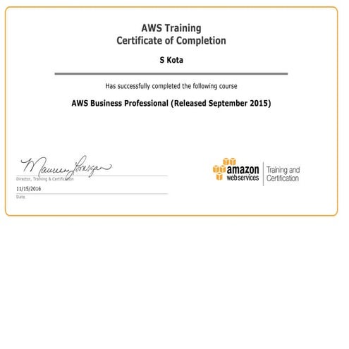 Training Certificate of Completion - AWS Business Professional - Sudarshan Kota | PDF