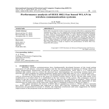 Performance analysis of IEEE 802.11ac based WLAN in wireless communication systems | PDF