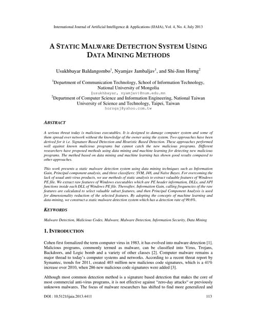 A Static Malware Detection System Using Data Mining Methods Pdf