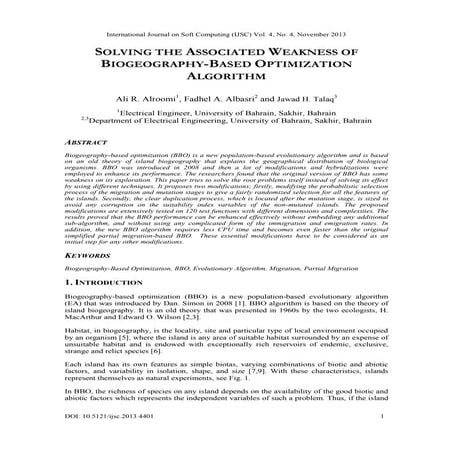 Solving The Associated Weakness Of Biogeography Based Optimization Algorithm Pdf 5080