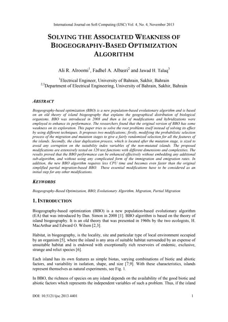 Solving The Associated Weakness Of Biogeography Based Optimization Algorithm Pdf 5080