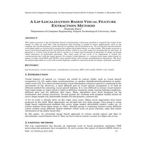 A Lip Localization Based Visual Feature Extraction Method Pdf