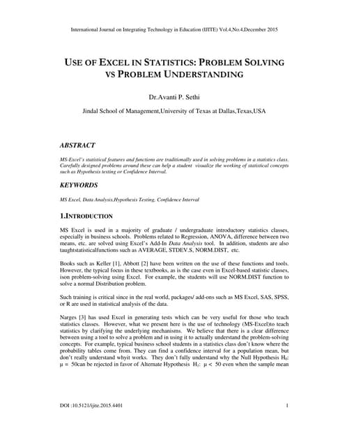 Use Of Excel In Statistics Problem Solving Vs Problem Understanding Pdf 7226