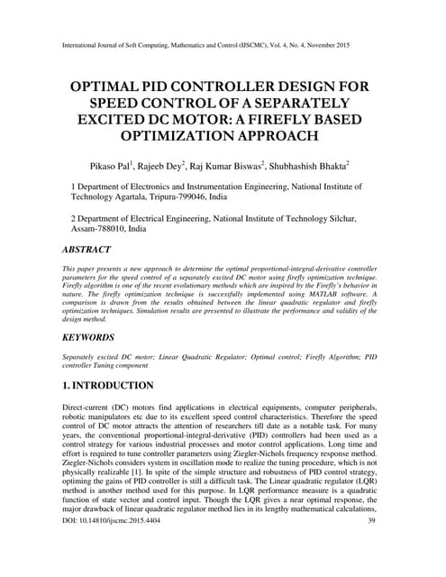 Optimal Pid Controller Design For Speed Control Of A Separately Excited Dc Motor A Firefly