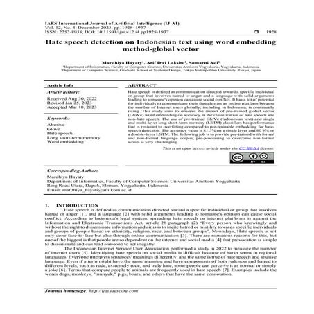 Hate speech detection on Indonesian text using word embedding method-global vector | PDF