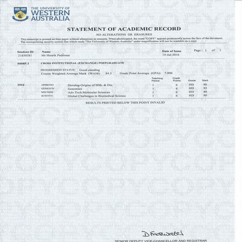 Academic Records UWA Henrik Pedersen | PDF