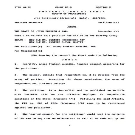 Supreme Court Interim Protection On journalist Writing | PDF