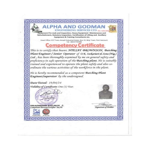 Competence Certificate for Batching Plant Engineer | DOCX