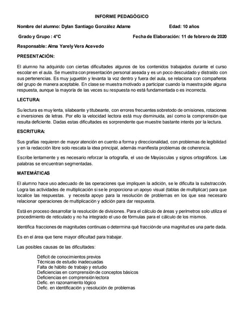 Ejemplo de informe pedagógico | PDF