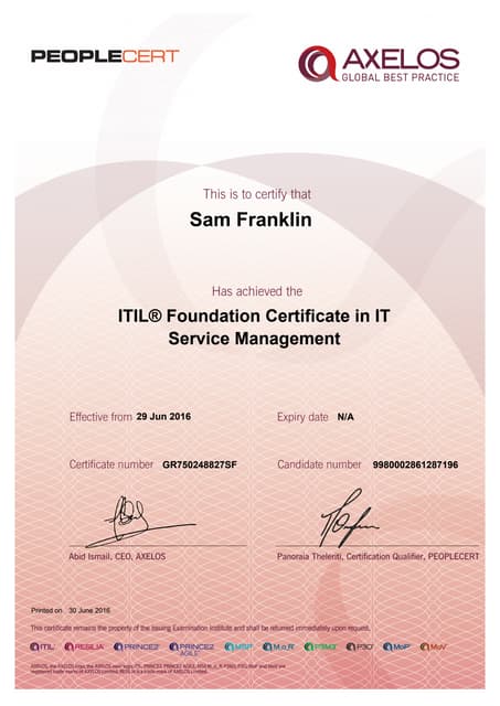ITILv3 Foundation Certificate - AXELOS | PDF
