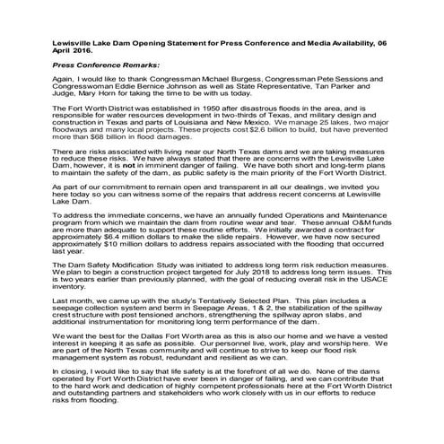 06 April Lewisvile Dam Press Conference Remarks | PDF