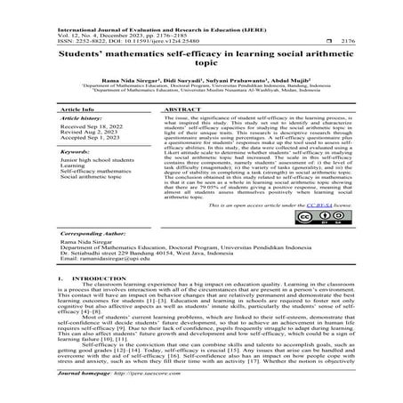 Students’ mathematics self-efficacy in learning social arithmetic topic | PDF