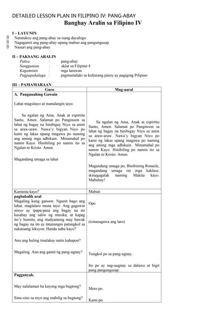 Masusing Banghay Aralin sa Filipino (Detailed lesson plan in Filipino) (CDSGA Students) | PDF
