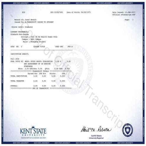 Jozef Kent University Transcript | PDF