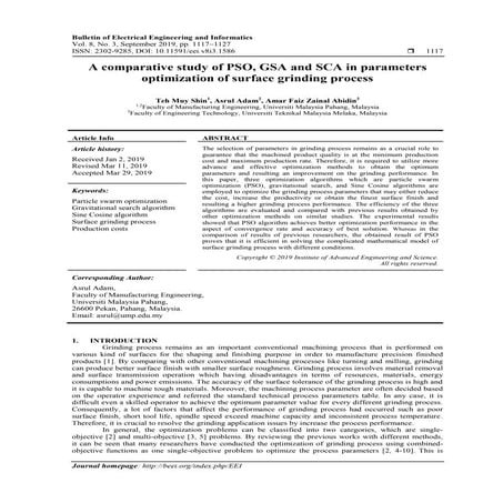 A comparative study of PSO, GSA and SCA in parameters optimization of surface grinding process ...