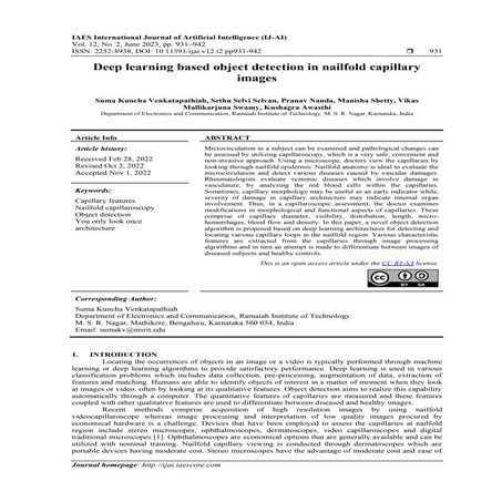 Deep Learning Based Object Detection In Nailfold Capillary Images Pdf