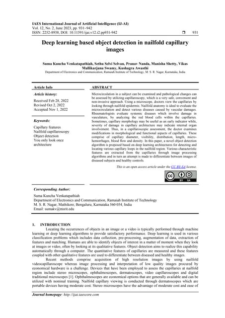 Deep Learning Based Object Detection In Nailfold Capillary Images Pdf