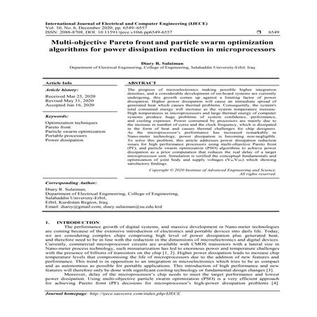 Multi-objective Pareto front and particle swarm optimization algorithms for power dissipation ...