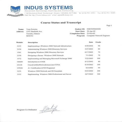 Tony Ferreira - Humber College - Certificate | PDF