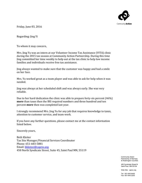 Tax Aide Letter of Recommendation | PDF