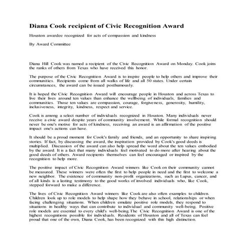 Diana Cook recipient of Civic Recognition Award | DOCX
