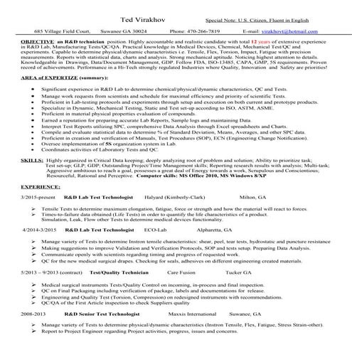 Base Lab Tech Resume | DOC