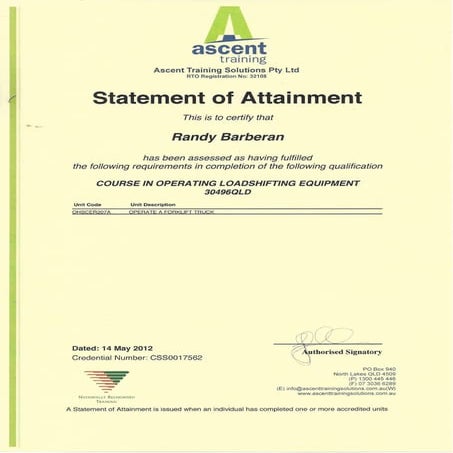 Statement of Attainment in Forkilift | PDF