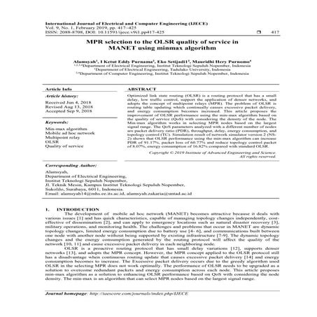 Mpr Selection To The Olsr Quality Of Service In Manet Using Minmax Algorithm Pdf Computer