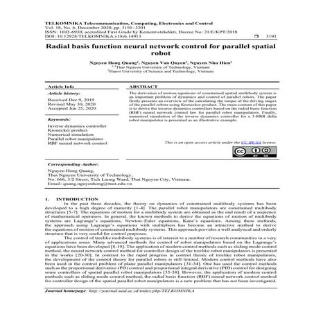 Radial Basis Function Neural Network Control For Parallel Spatial Robot