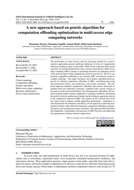 Anewapproach Based On Genetic Algorithm For Computation Offloading Optimization In Multi Access