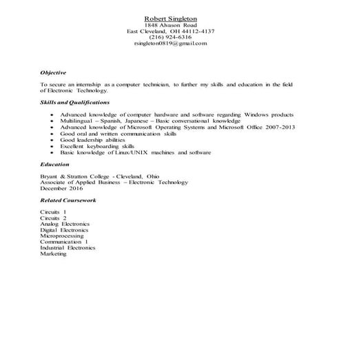 Singleton, Robert Resume | DOCX | Computing | Technology & Computing