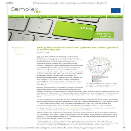 EMBL grants exclusive license for synthetic baculoviral genomes to ...