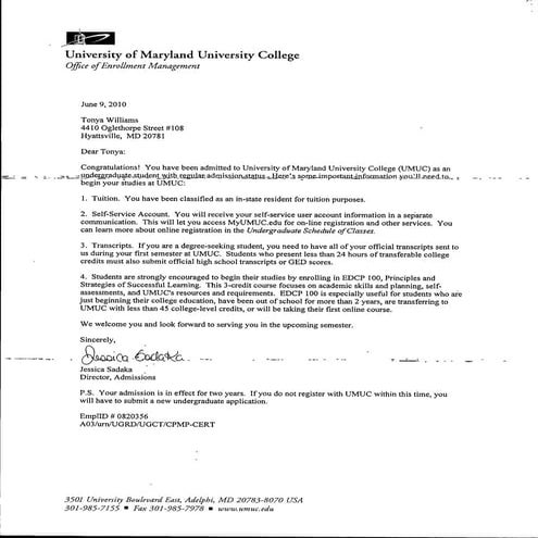 UMUC Acceptance Letter | PDF