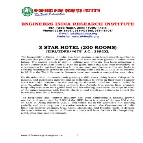 Detailed Project Report on 3 STAR HOTEL (200 ROOMS) | PDF