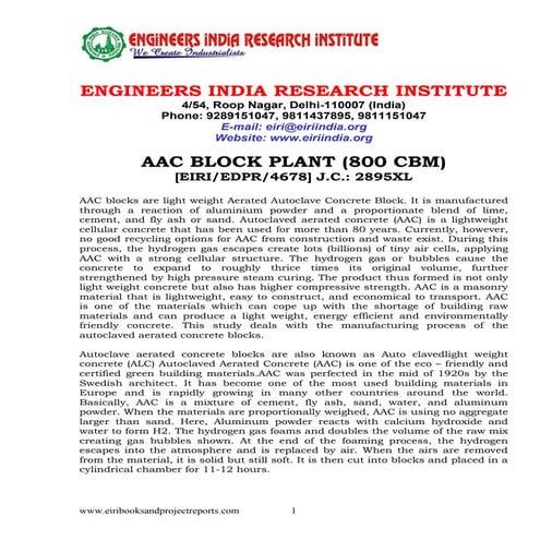 Detailed Project Report on AAC BLOCK PLANT (800 CBM) | PDF