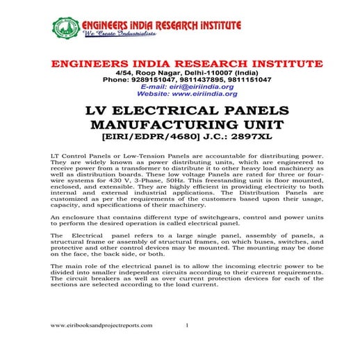 Detailed Project Report on LV ELECTRICAL PANELS MANUFACTURING UNIT | PDF