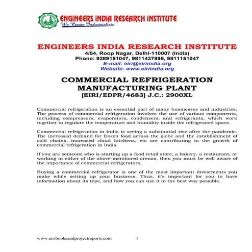Detailed Project Report on COMMERCIAL REFRIGERATION MANUFACTURING PLANT ...