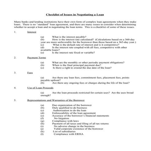 Checklist of Issues in Negotiating a Loan | PDF