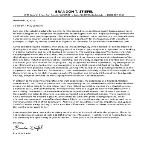 Professional Nursing Cover Letter - Brandon Stiefel | PDF