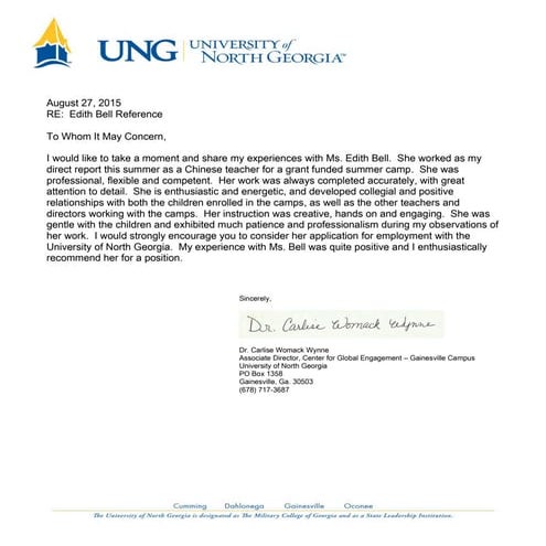 Bell, Edith Recommendation - Dr. Wynne UNG | PDF